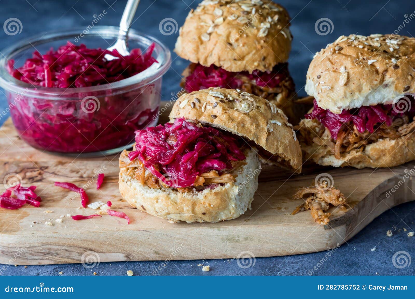 Pulled Pork Buns Topped with Bright Pink Beet and Cabbage Sauerkraut ...