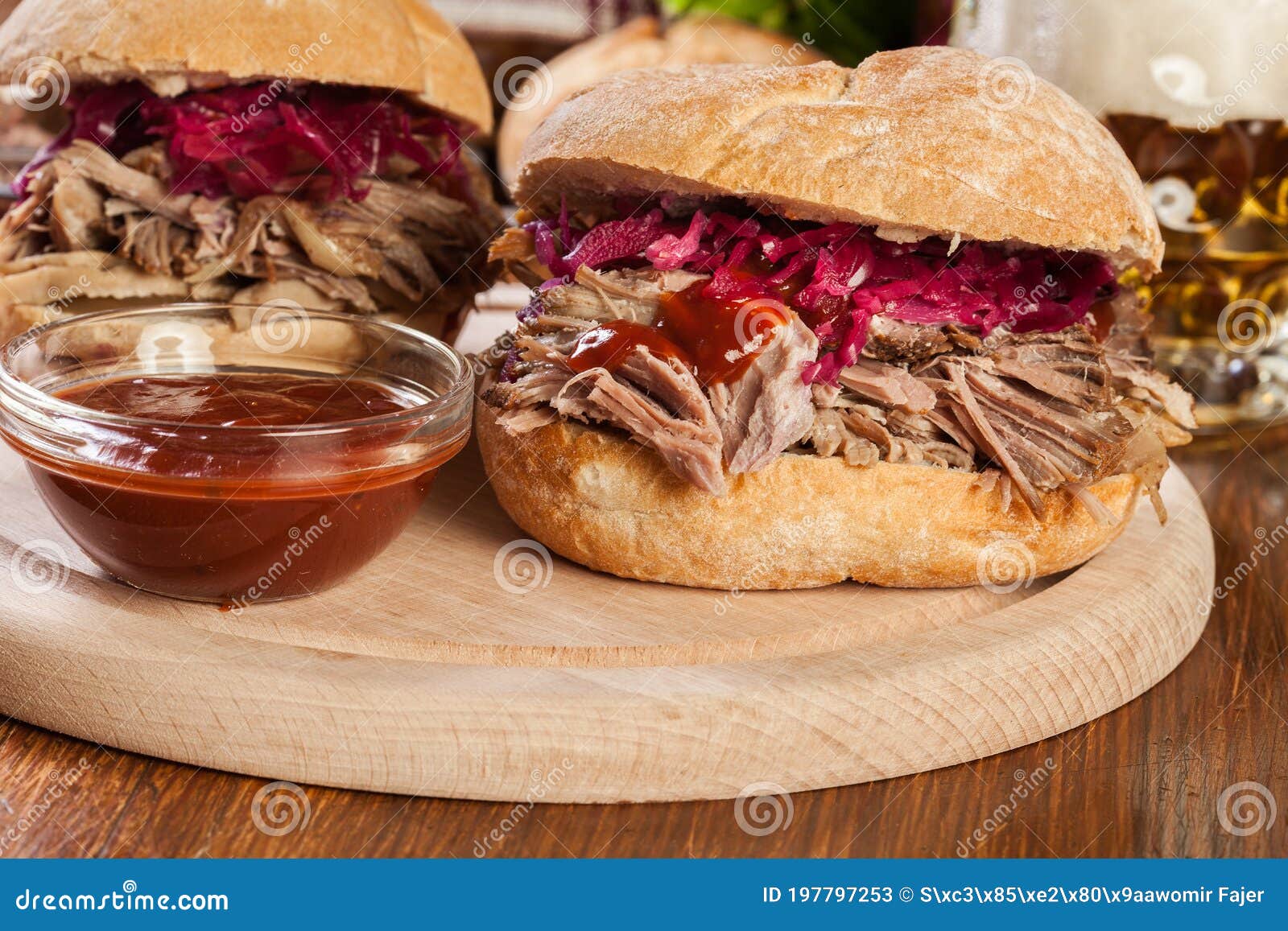 Pulled Pork Sandwich with Red Cabbage and Bbq Sauce Stock Image - Image ...