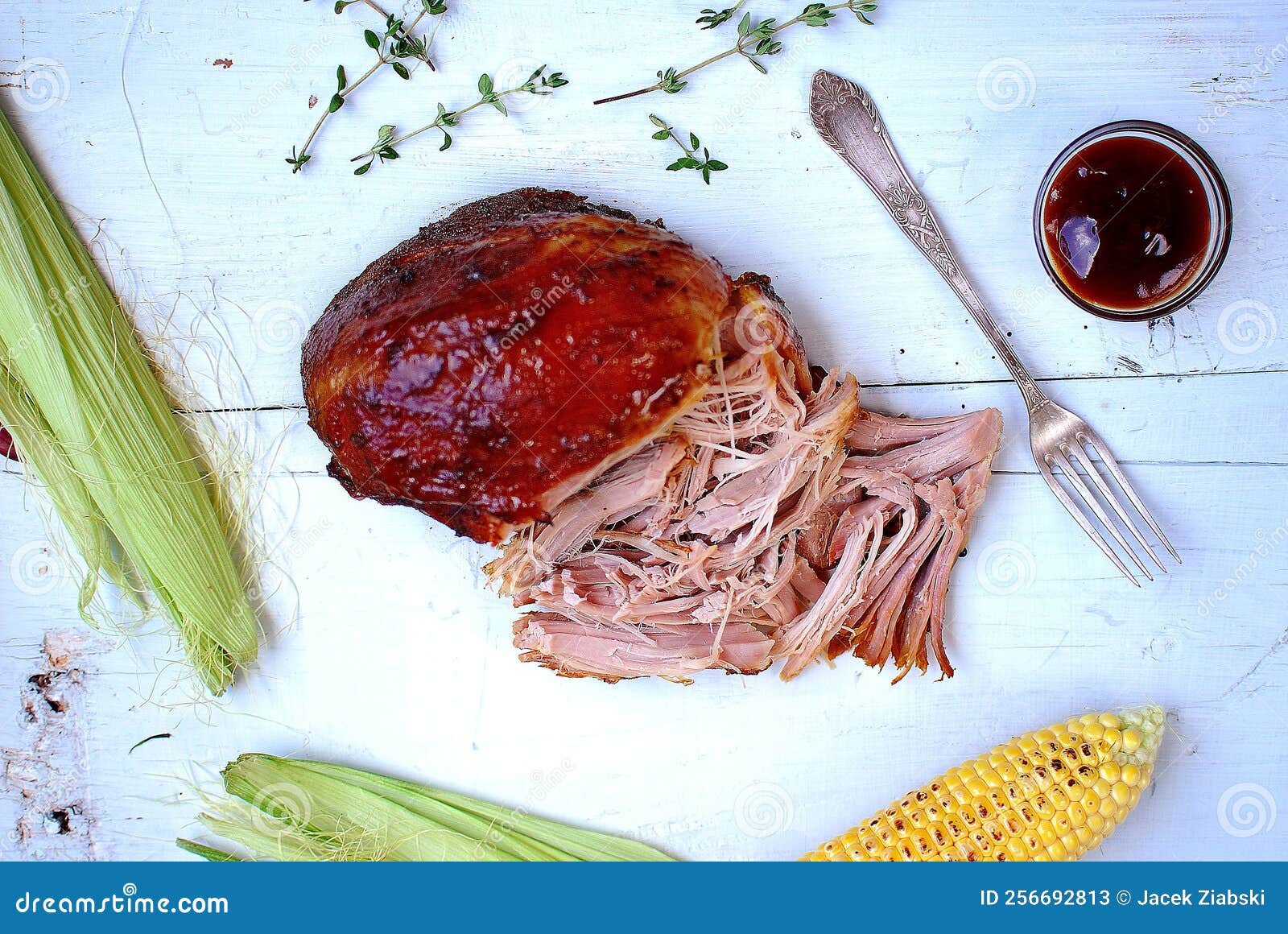 Pulled Pork on White Wood Boards, Top View. Composition with Slowly ...