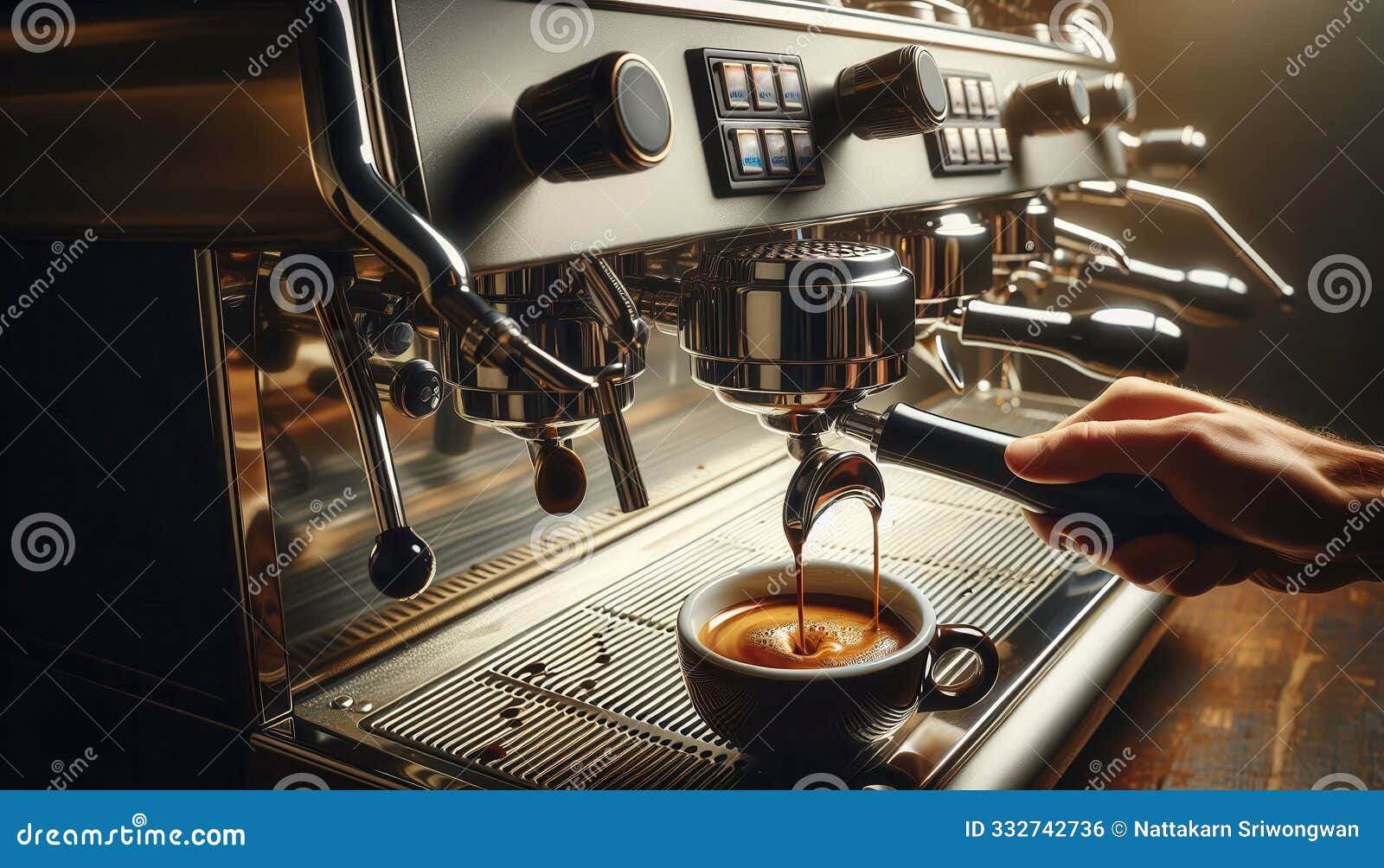 Pulling a Lever on an Espresso Machine, with a Cup of Espresso Being ...