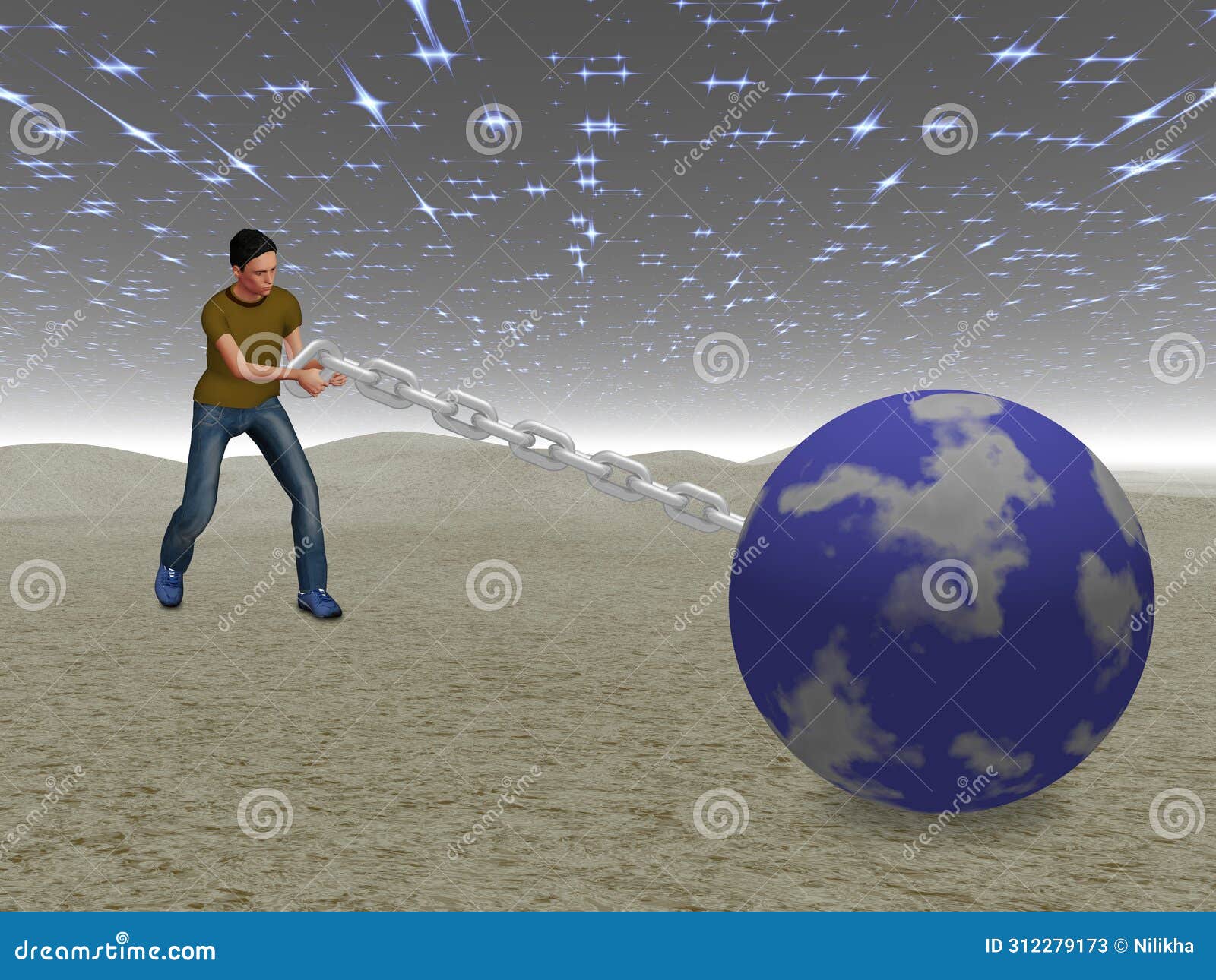 Pulling a Planet Man Version. Conceptual Illustration in 3d. Stock ...