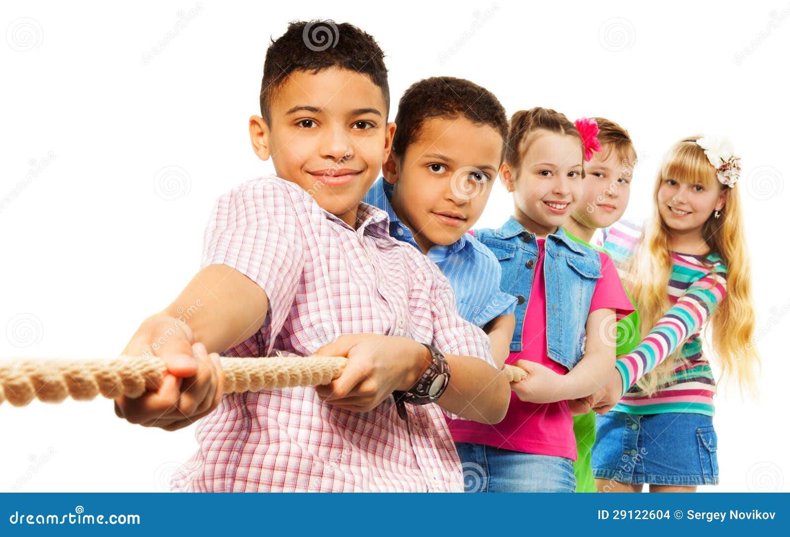 Pulling the rope stock photo. Image of girl, blue, caucasian - 29122604