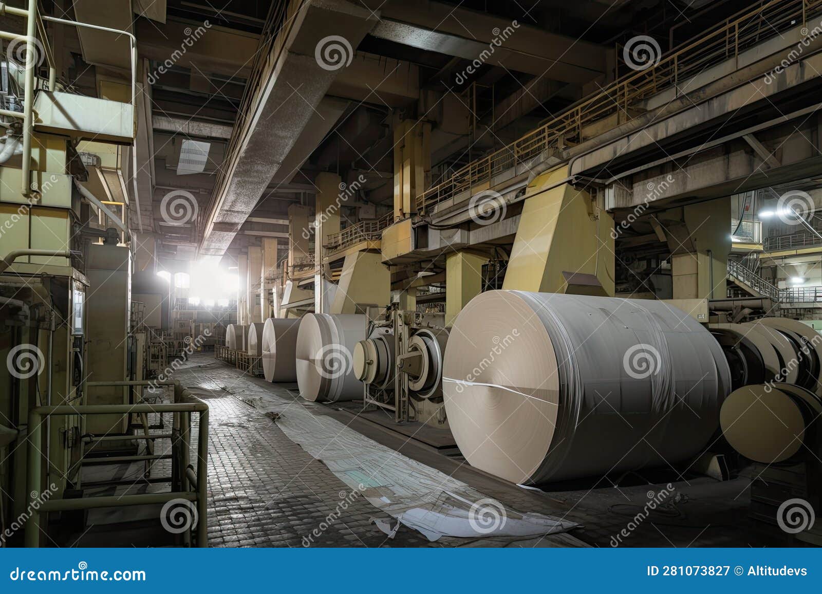 Pulp and Paper Factory, with Enormous Machines Processing Raw Materials ...
