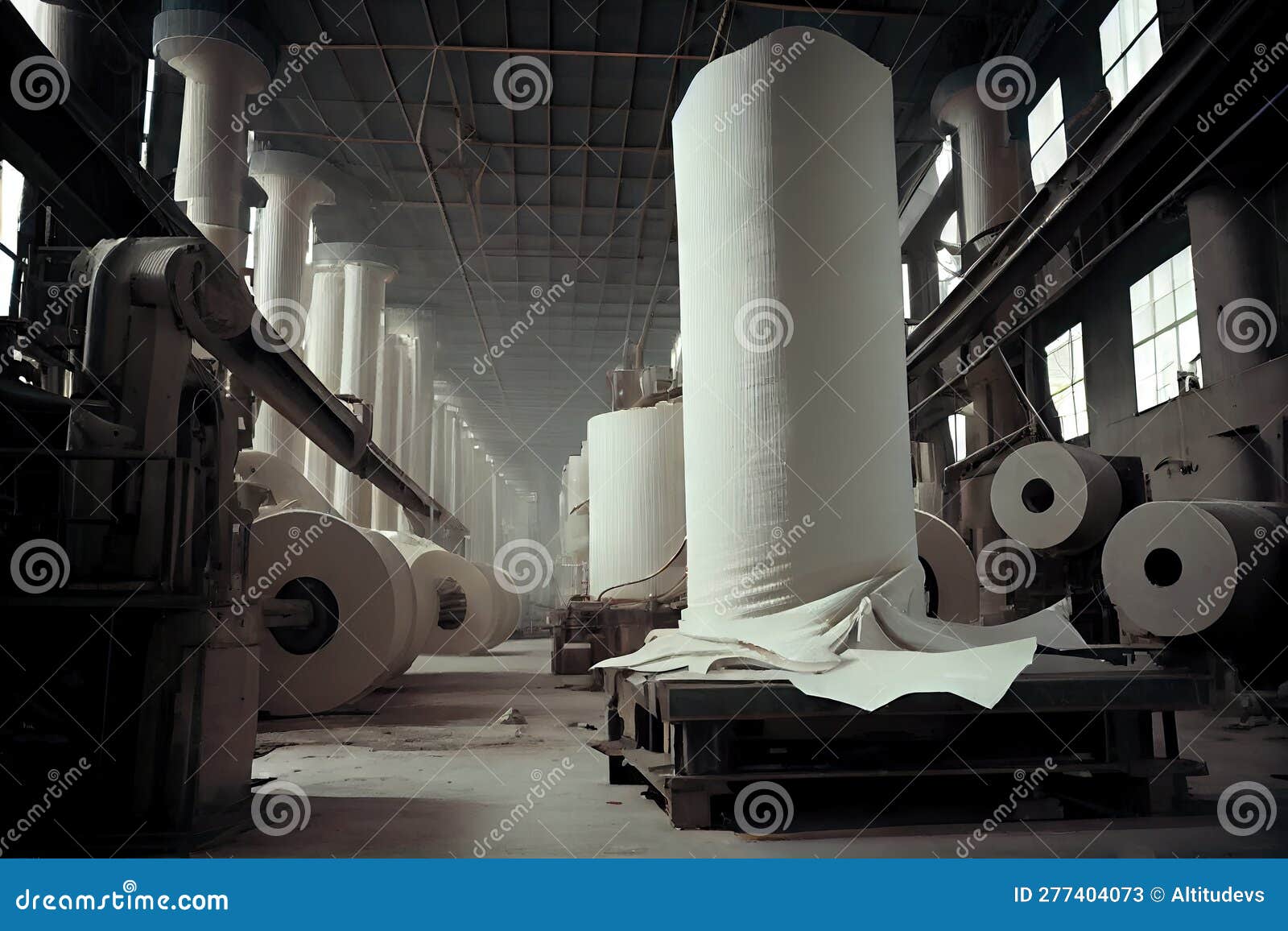 Pulp and Paper Mill, with Columns of Freshly Bleached Paper Rolling Off ...