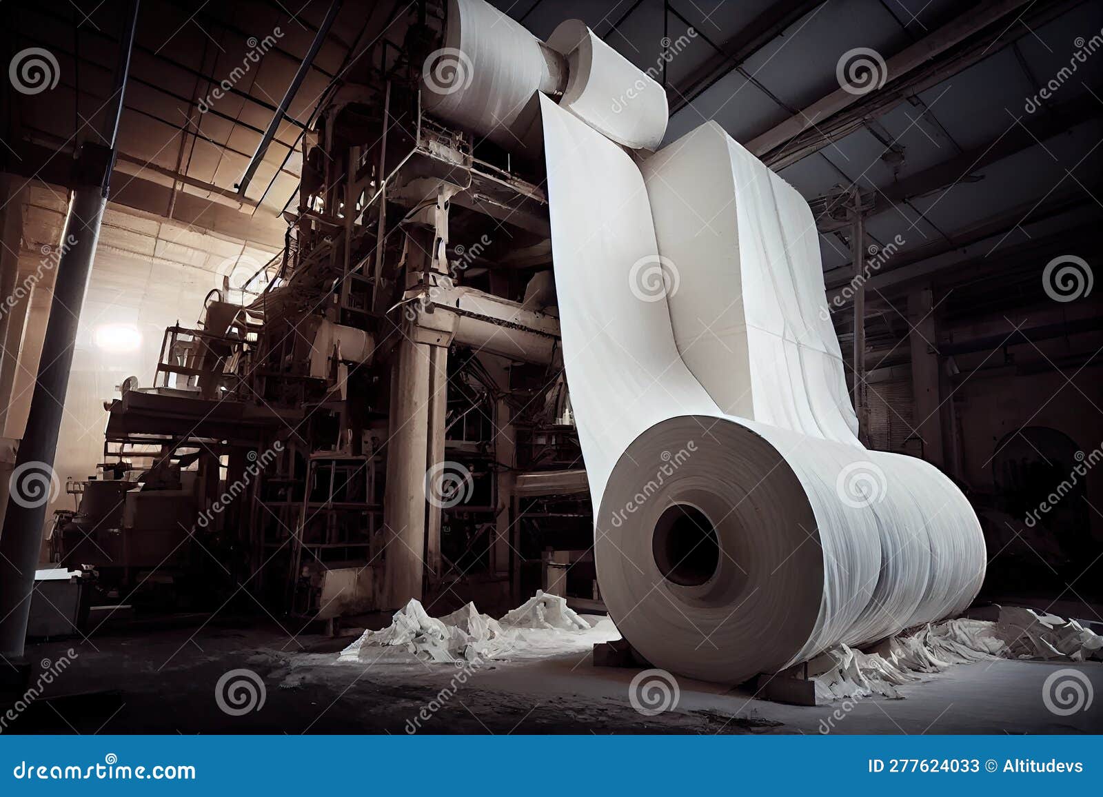 Pulp and Paper Mill, with Columns of Freshly Bleached Paper Rolling Off ...