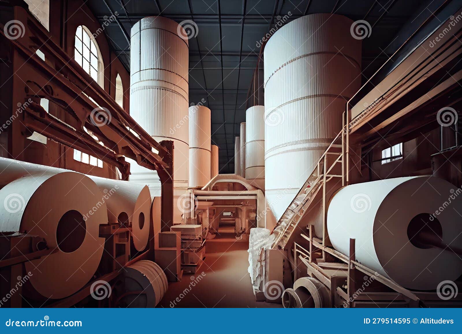 Pulp and Paper Mill, with Columns of Freshly Bleached Paper Rolling Off ...