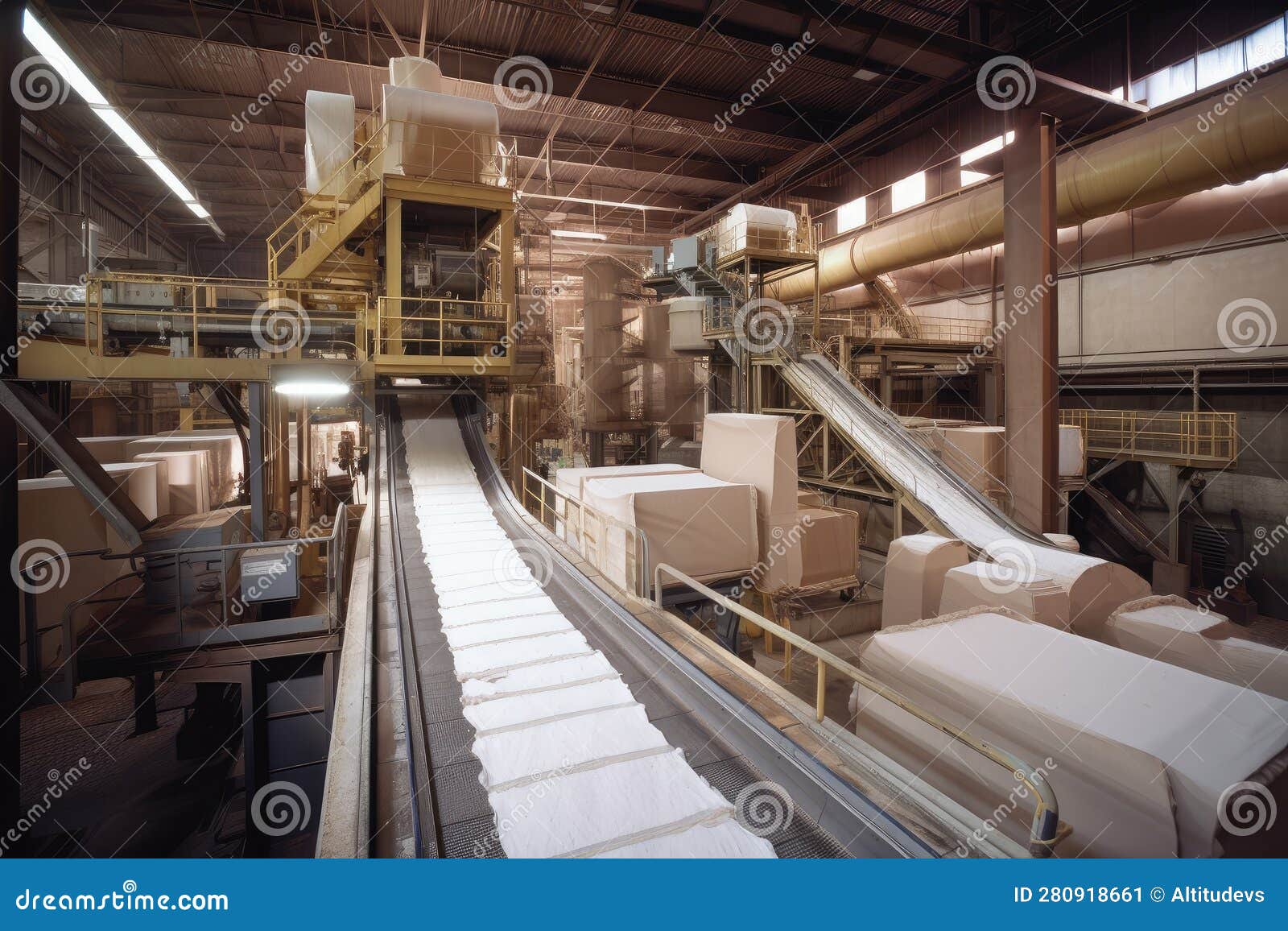 Pulp and Paper Mill, with Conveyors Transporting Raw Materials and ...