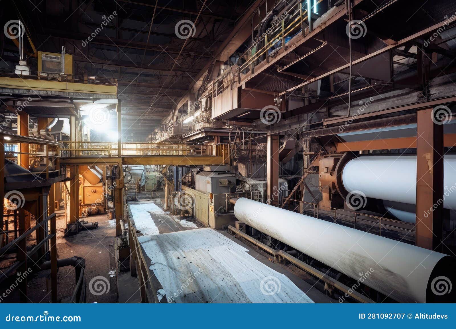 Pulp and Paper Mill, with Massive Machines Processing Raw Materials and ...