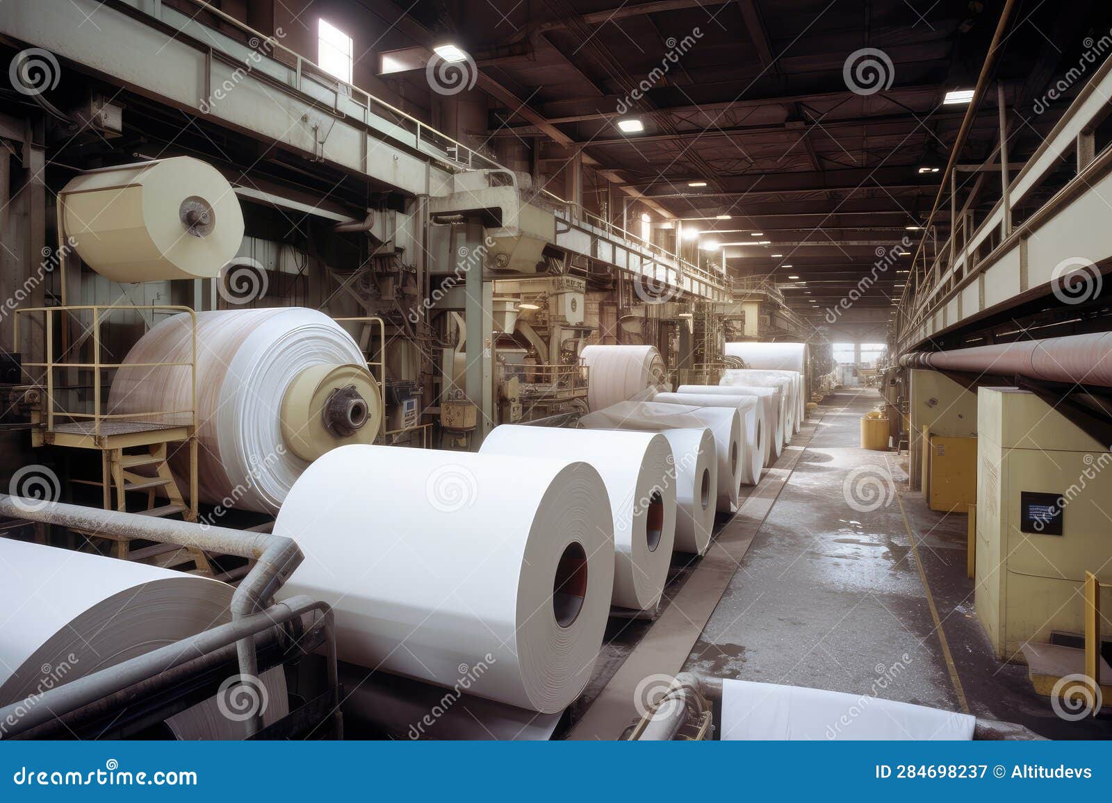 Pulp and Paper Mill, with Massive Machines Processing Raw Materials and ...