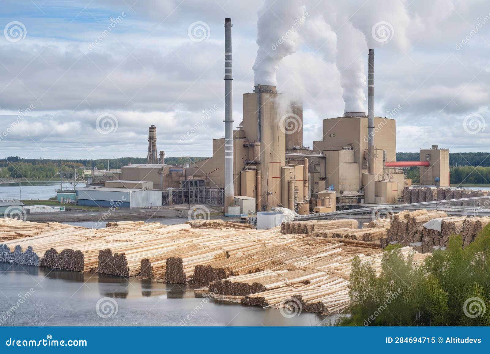 Pulp and Paper Mill, with Towering Stacks of Raw Materials in the ...