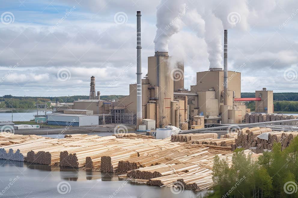 Pulp and Paper Mill, with Towering Stacks of Raw Materials in the ...
