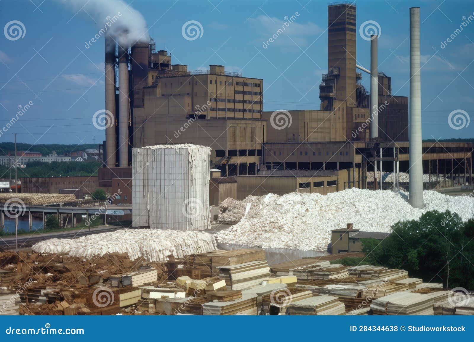 Pulp and Paper Mill, with Towering Stacks of Raw Materials Being ...