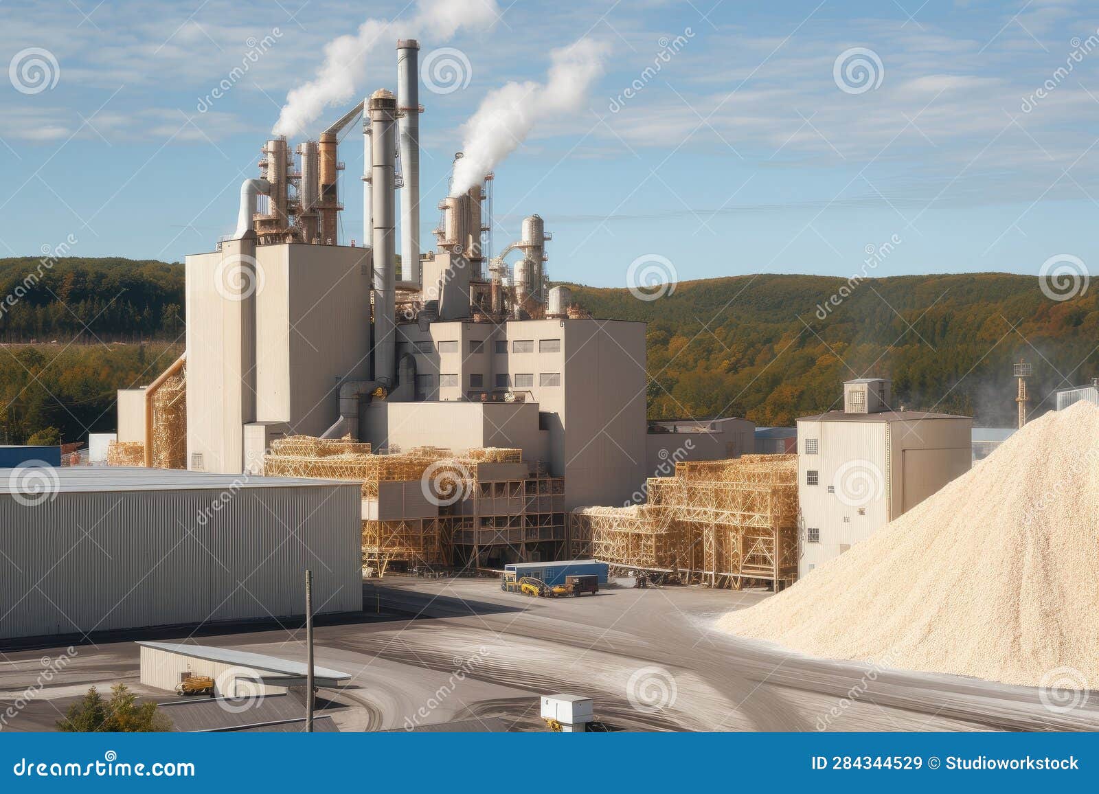 Pulp and Paper Mill, with Towering Stacks of Raw Materials and Finished ...