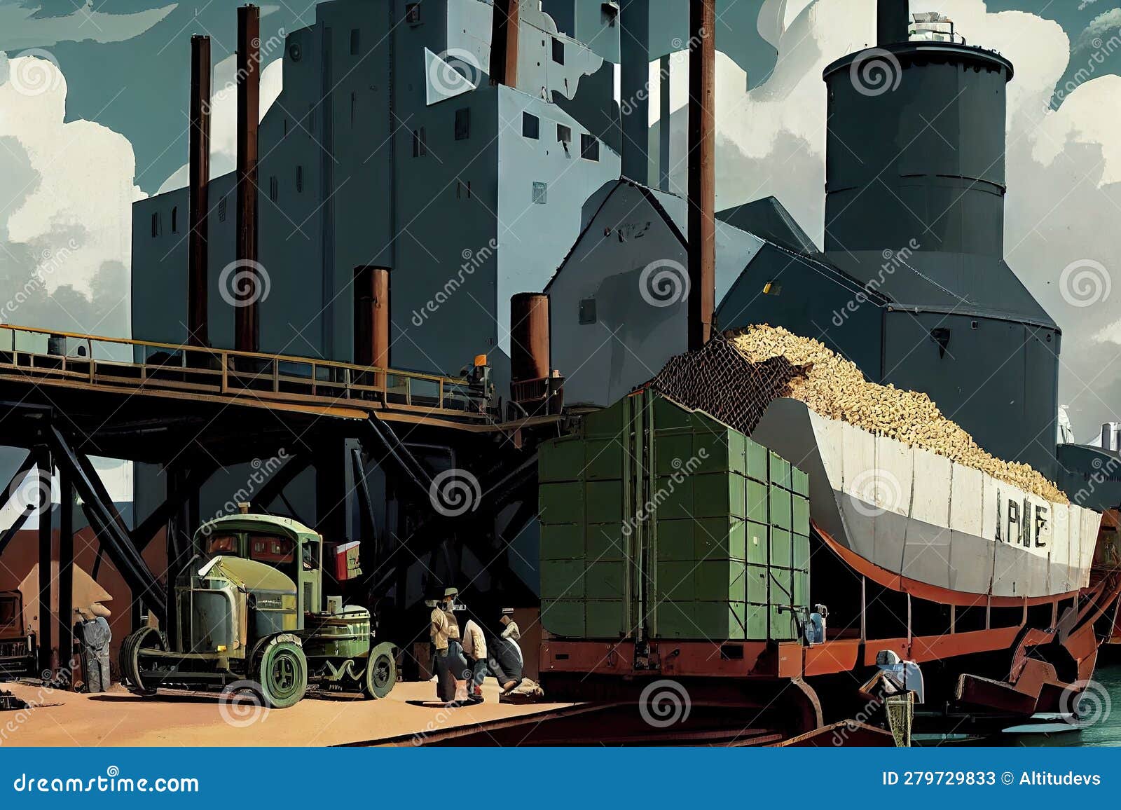 Pulp And Paper Mill, With Workers Loading Trucks And Barges With Raw ...