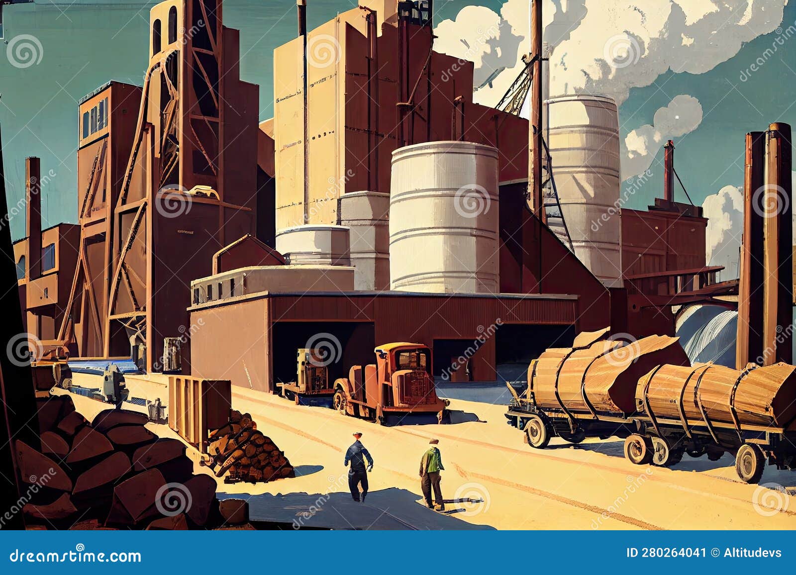 Pulp and Paper Mill, with Workers Loading Trucks and Barges with Raw ...