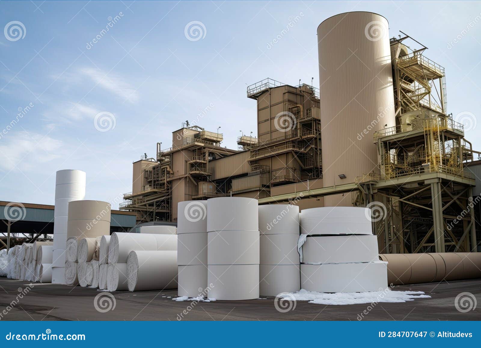Pulp and Paper Plant, with Stacks of Rolls of Recycled Paper Visible ...