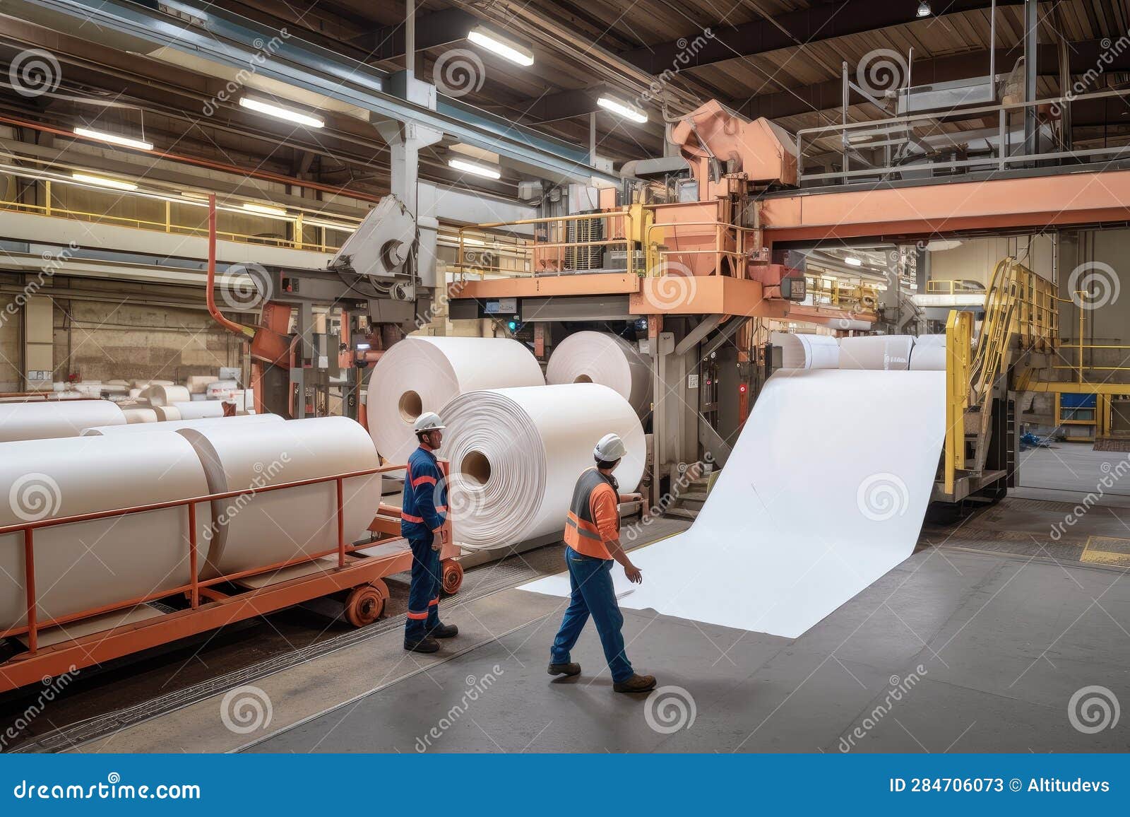 Pulp and Paper Processing Plant, with Workers Loading Carts with ...