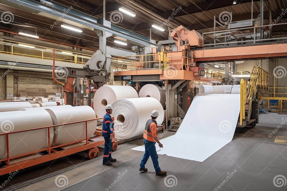 Pulp and Paper Processing Plant, with Workers Loading Carts with ...