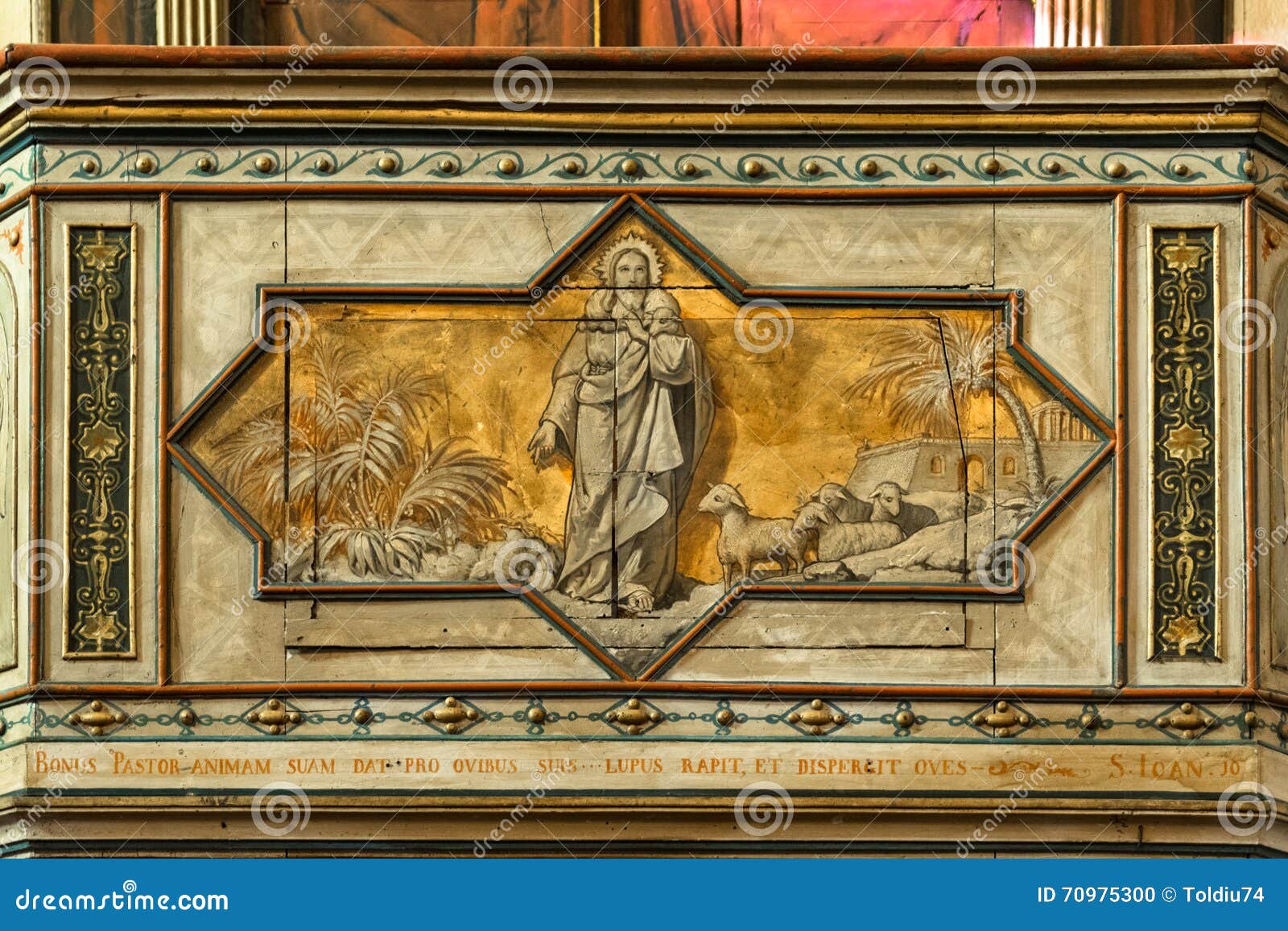 Pulpit with Painted Jesus Shepherd of Souls. Stock Photo - Image of ...