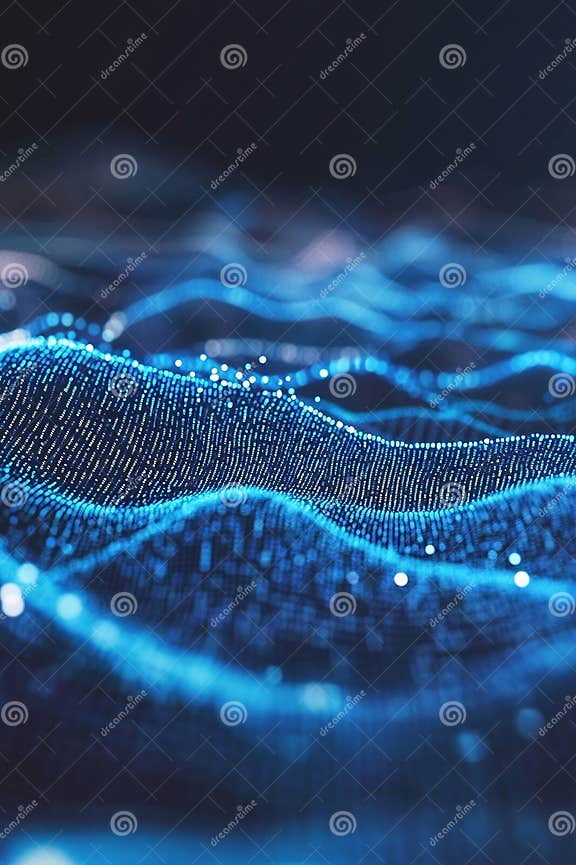 Pulsating Blue Digital Signal Waves Floating in Dark Space Fractal Patterns Merging with Binary ...