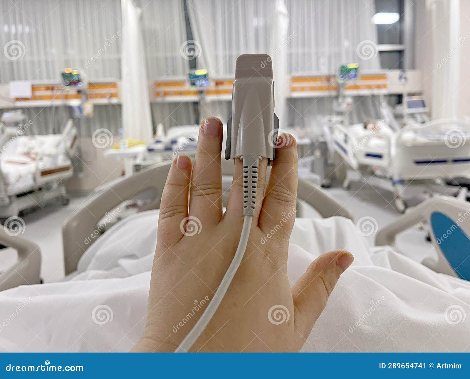 Pulse Oximetry Probe on a Patient Hand in Intensive Care Unit Stock ...