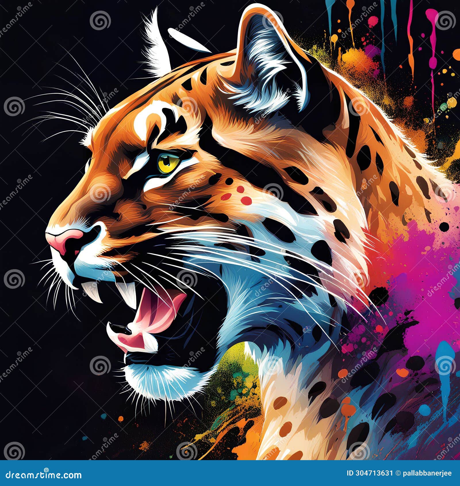 Puma Head on Colorful Background with Ink Splashes. Vector Illustration ...