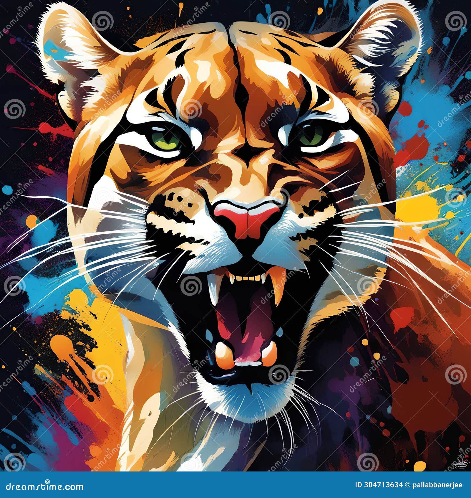 Puma Head on Colorful Background with Ink Splashes. Vector Illustration ...