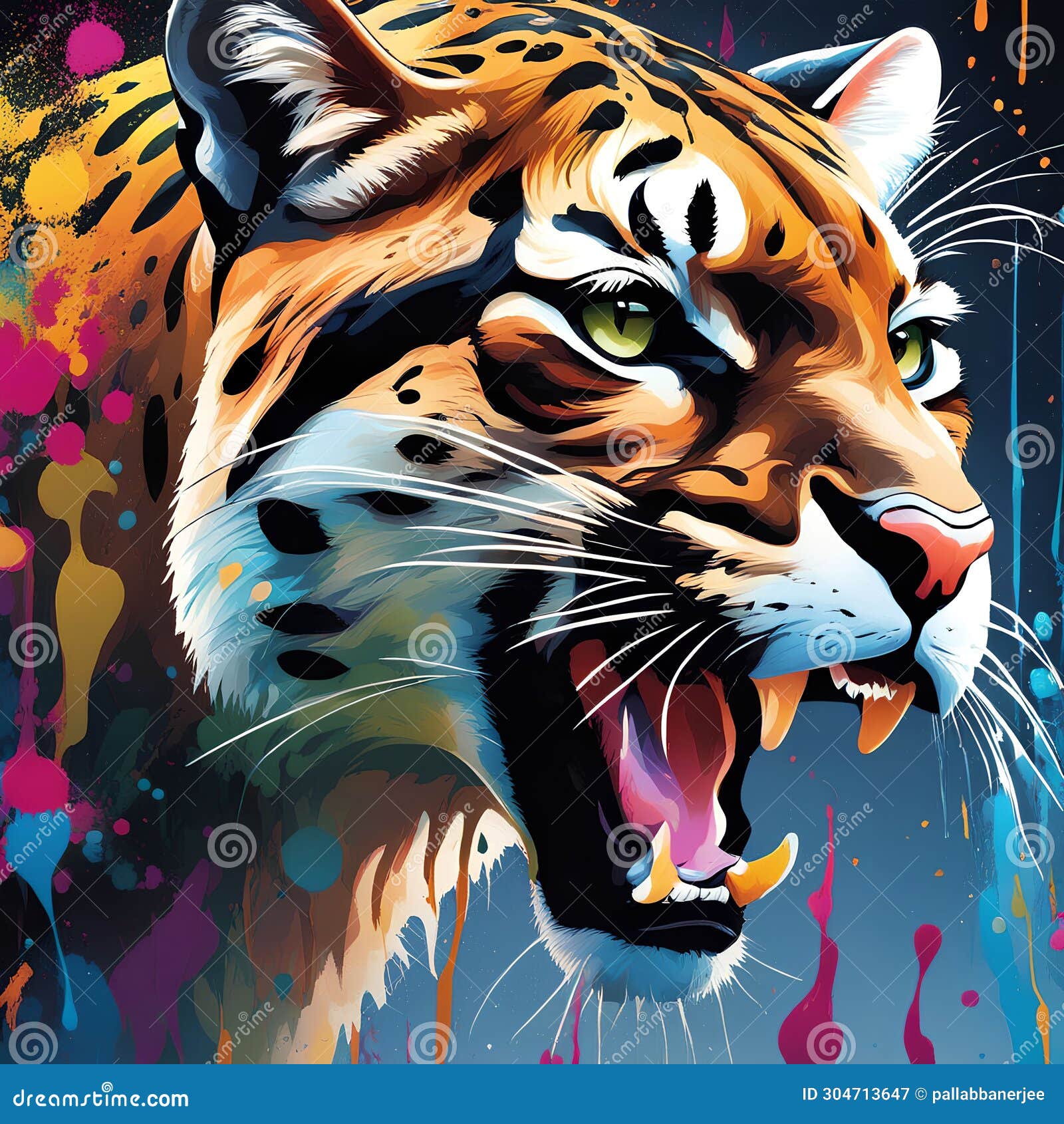 Puma Head on Colorful Background with Ink Splashes. Vector Illustration ...