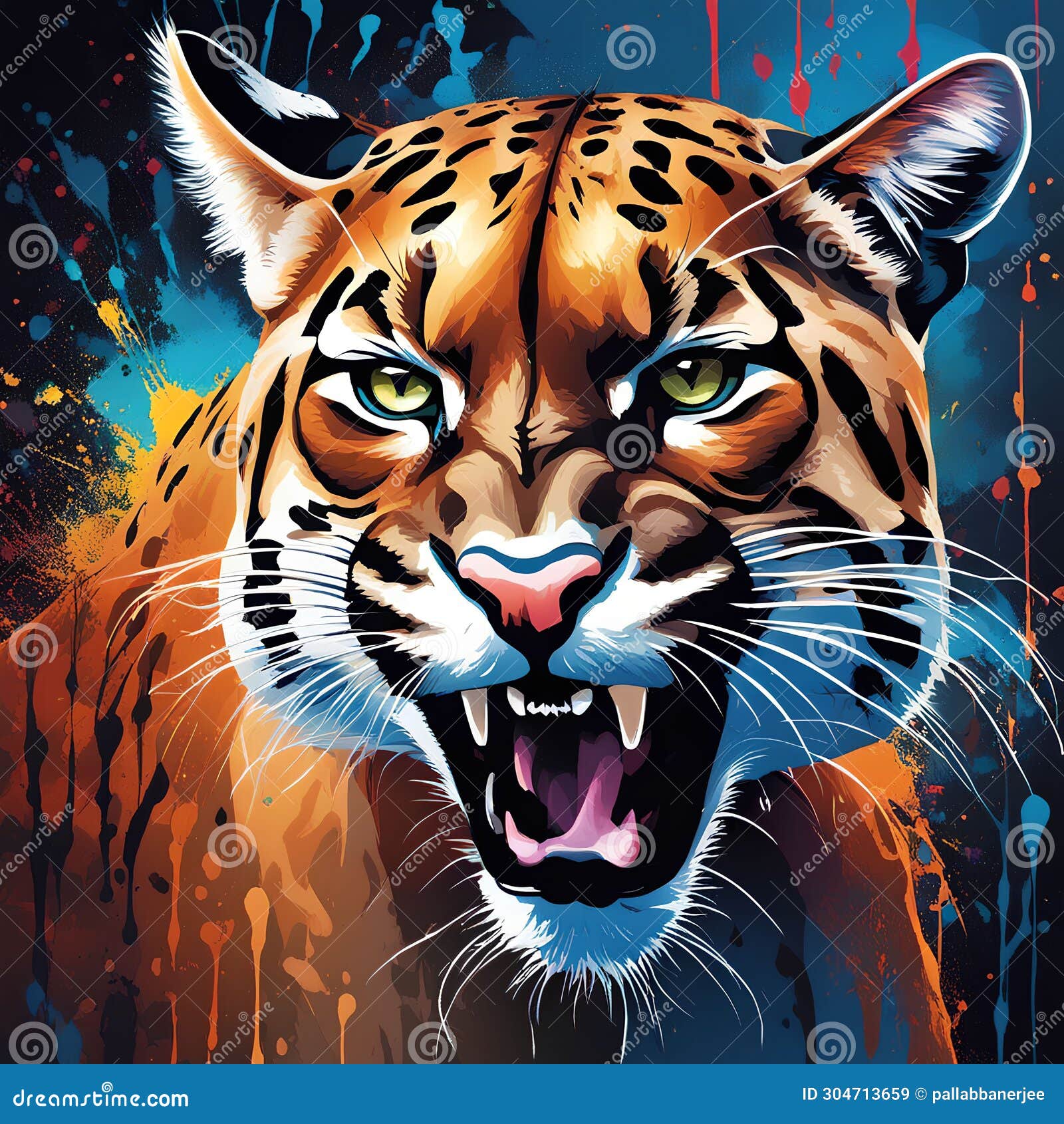 Puma Head on Colorful Background with Ink Splashes. Vector Illustration ...