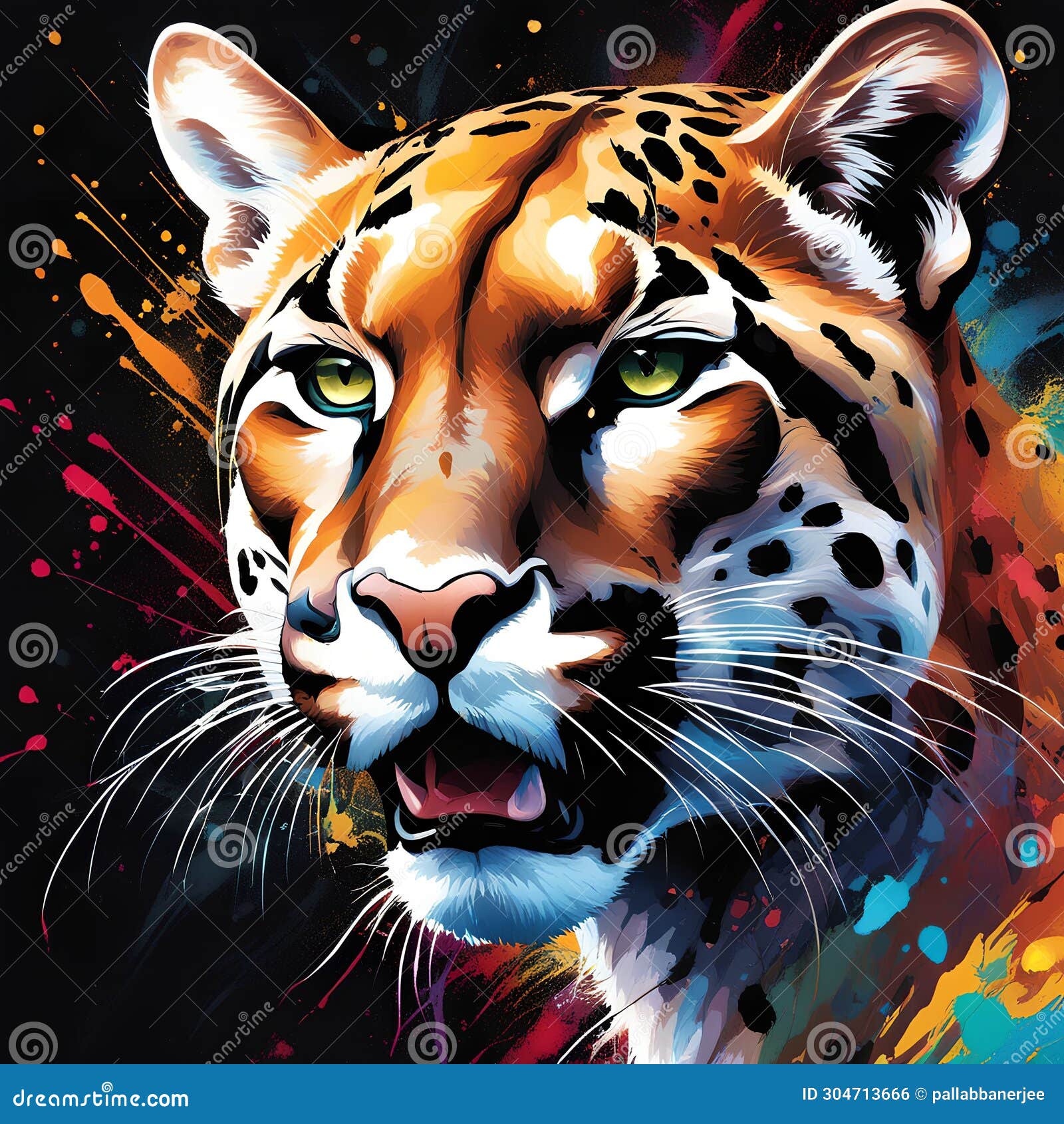 Puma Head on Colorful Background with Ink Splashes. Vector Illustration ...