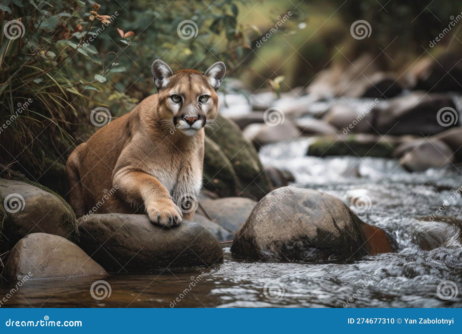 Puma Crouching Near a Mountain Stream. Generative AI Stock Illustration ...