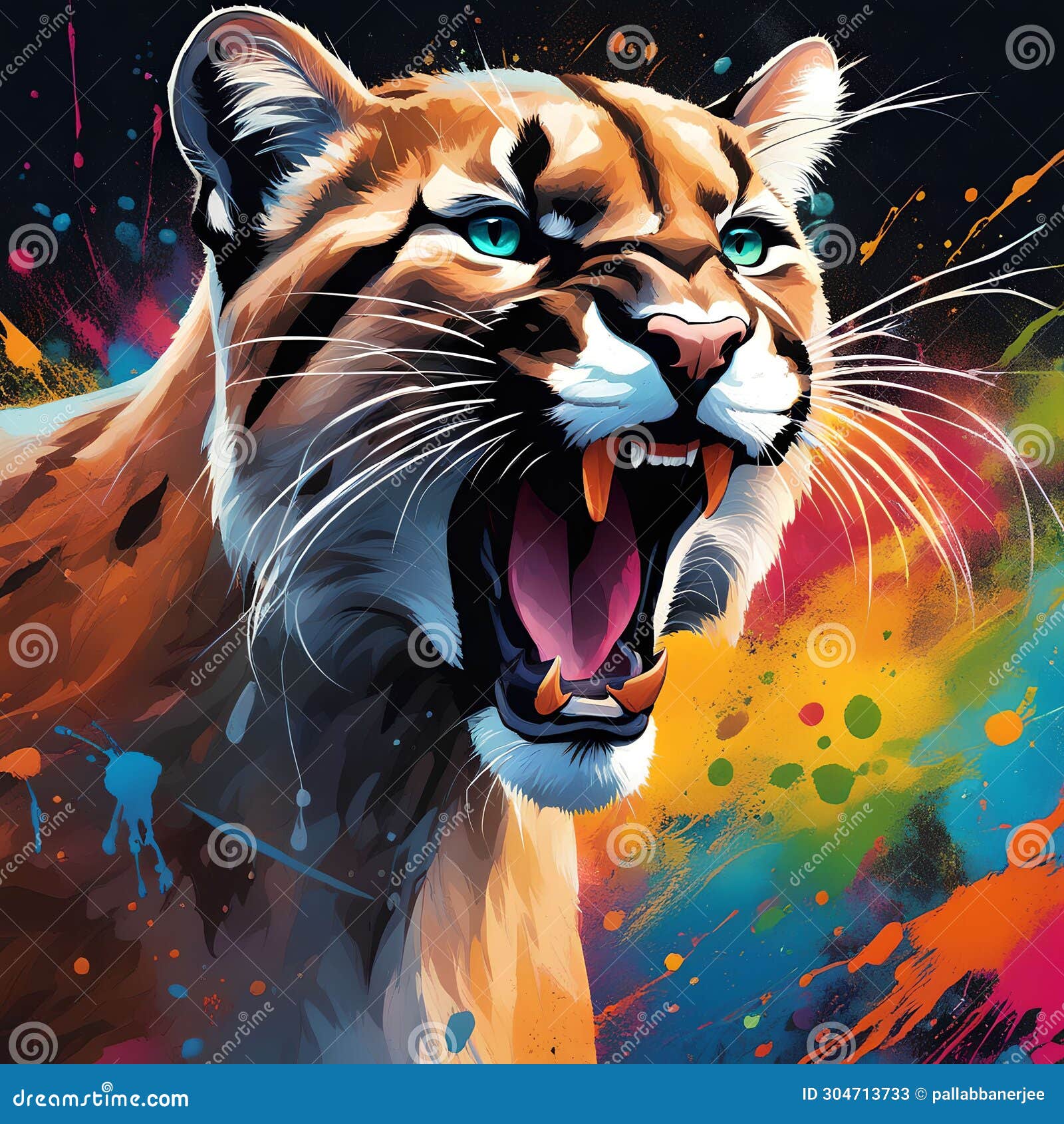 Puma Head on Colorful Background with Ink Splashes. Vector Illustration ...
