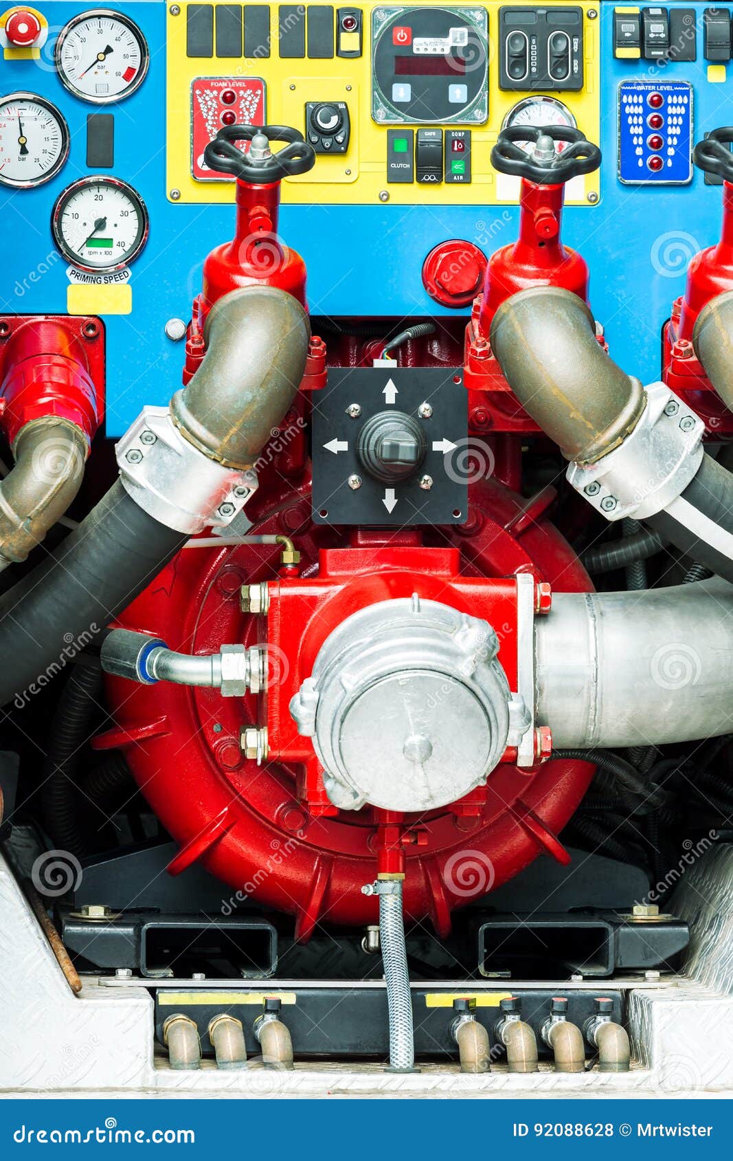 Pump Panel on Fire Engine with Valves and Pressure Gauges Stock Photo ...
