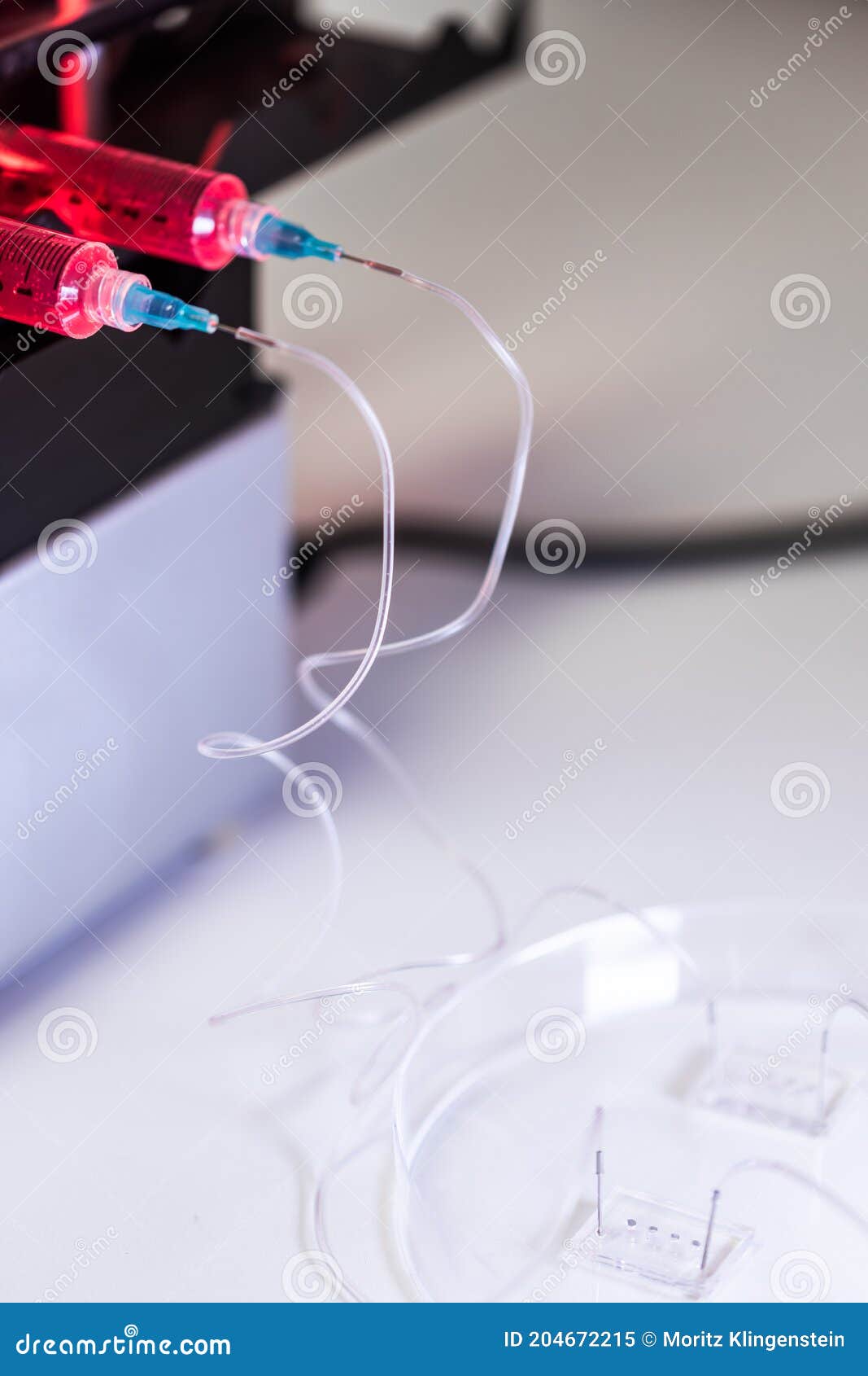 Pump Pushing Red Liquid Medium through Syringes and Flexible Tubes in a ...