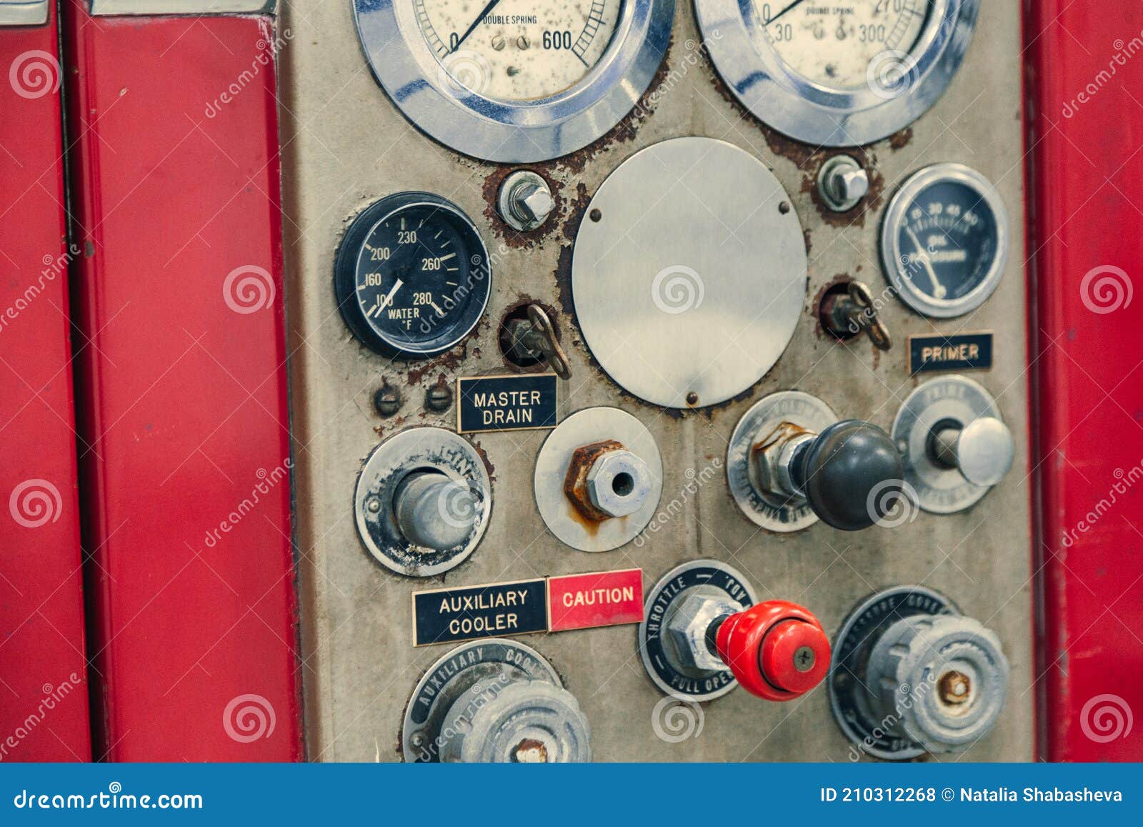 Fire Engine Side - Gauges, Controls and Hose Connections Stock Photo ...