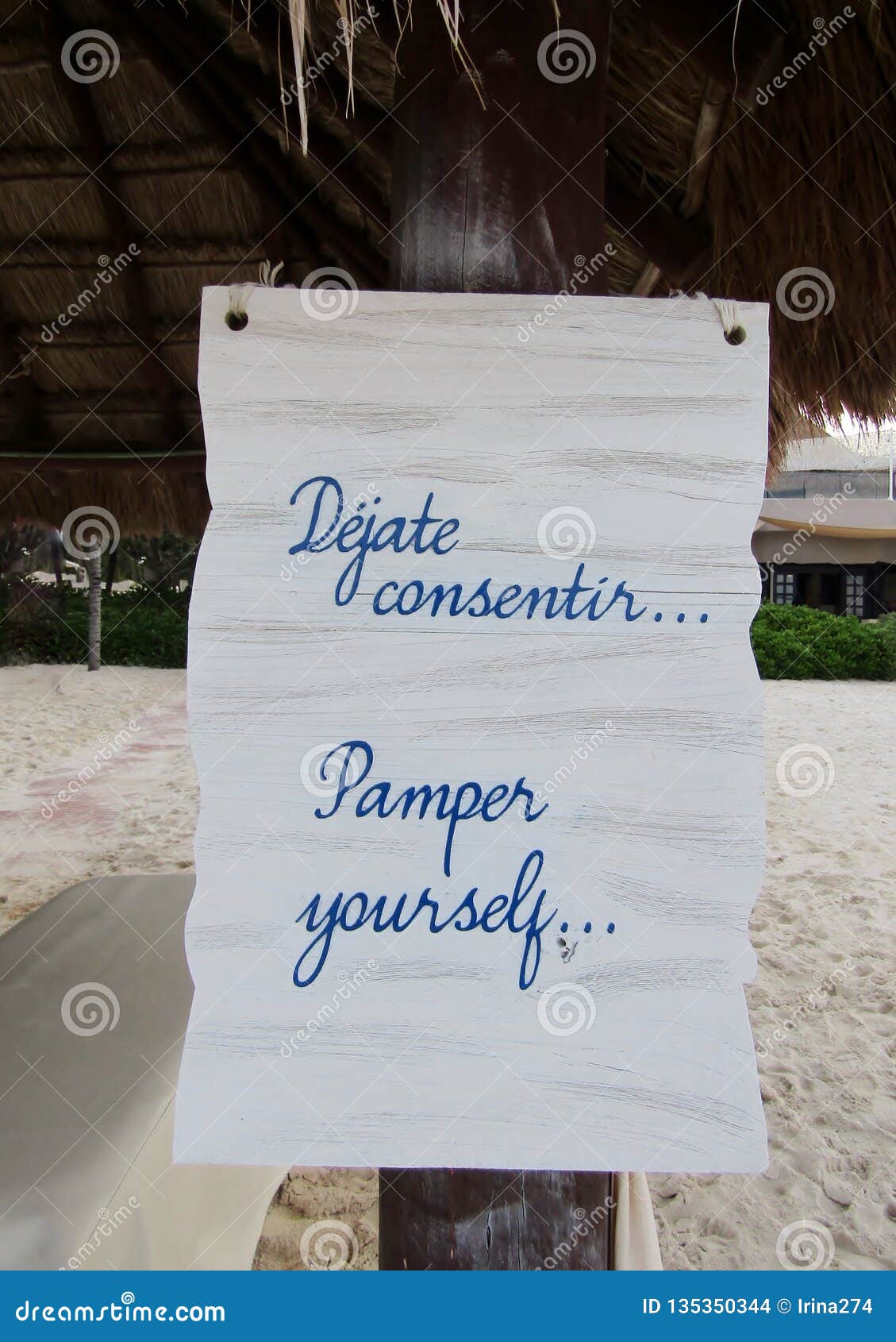 Pamper Yourself Sign at White Sand Beach Stock Photo - Image of massage ...
