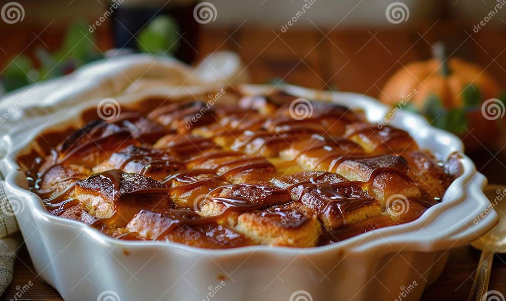 A Pumpkin Bread Pudding with a Caramel Drizzle Served in a Baking Dish ...