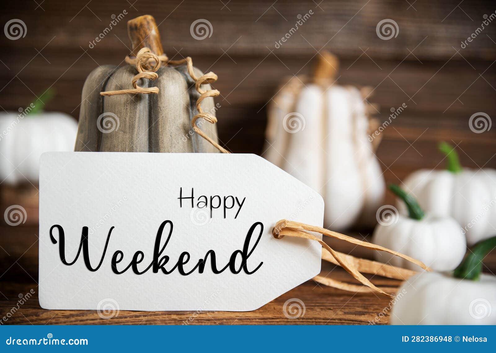 Pumpkin Decoration with Label with Text Happy Weekend Stock Photo ...