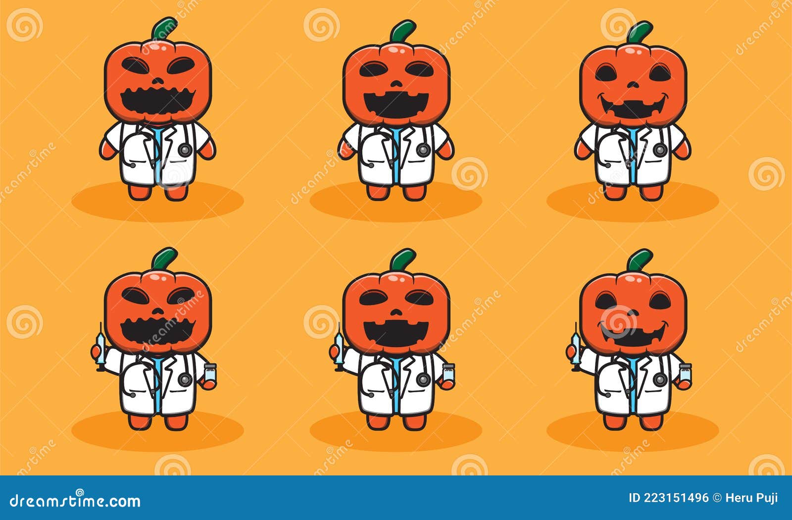 Cute Pumpkin Halloween Cartoon with Doctor Costume. Stock Vector ...