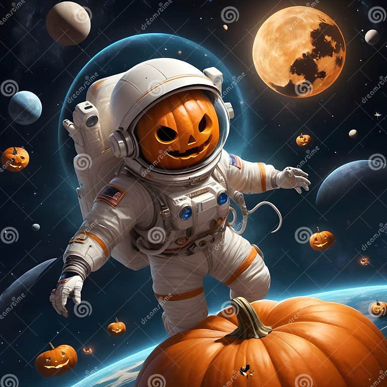 Pumpkin-Headed Astronaut in Outer Space with Planets – Halloween Sci-Fi ...