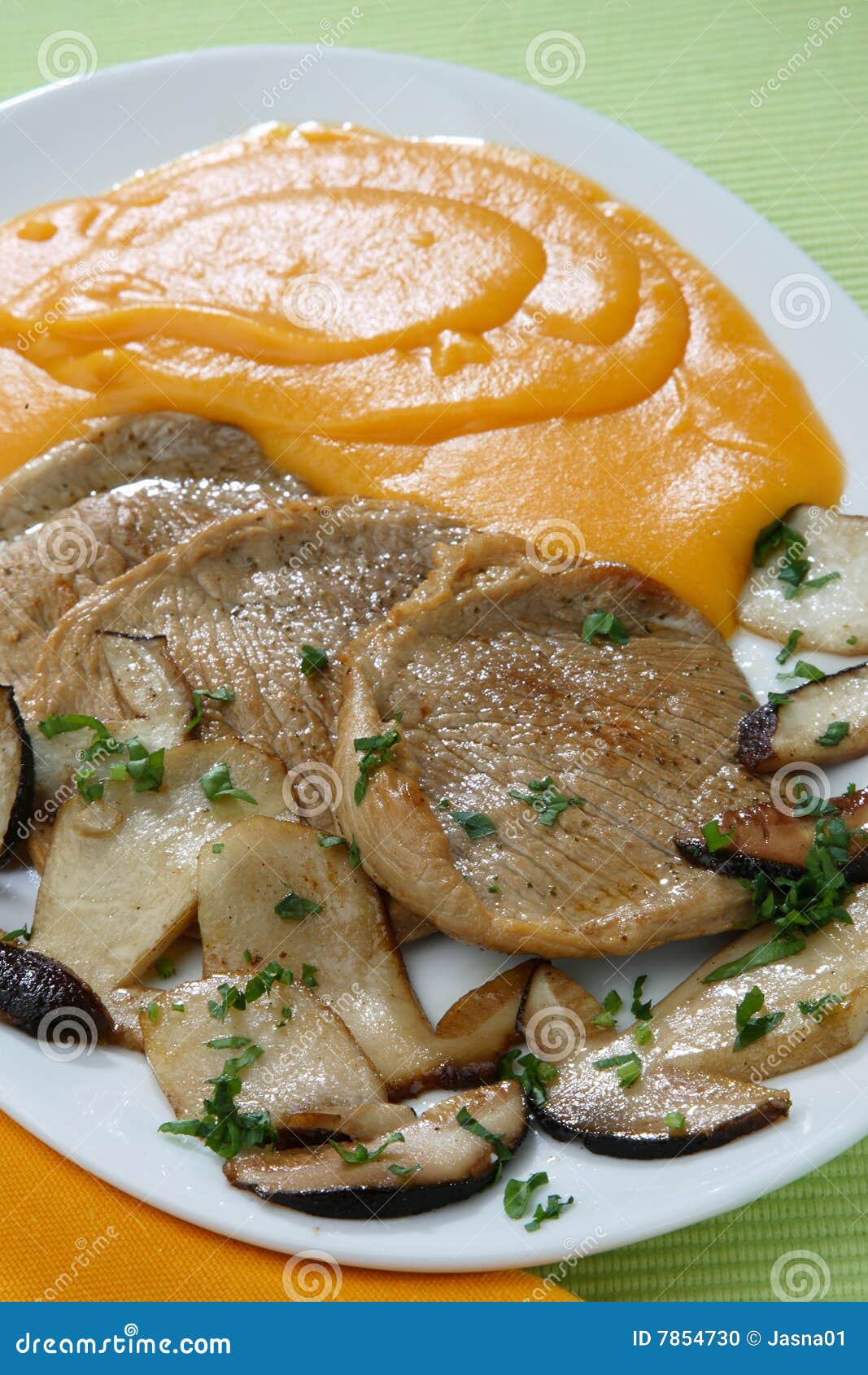 Pumpkin Mash with Roast Meat and Mushrooms Stock Photo - Image of ...