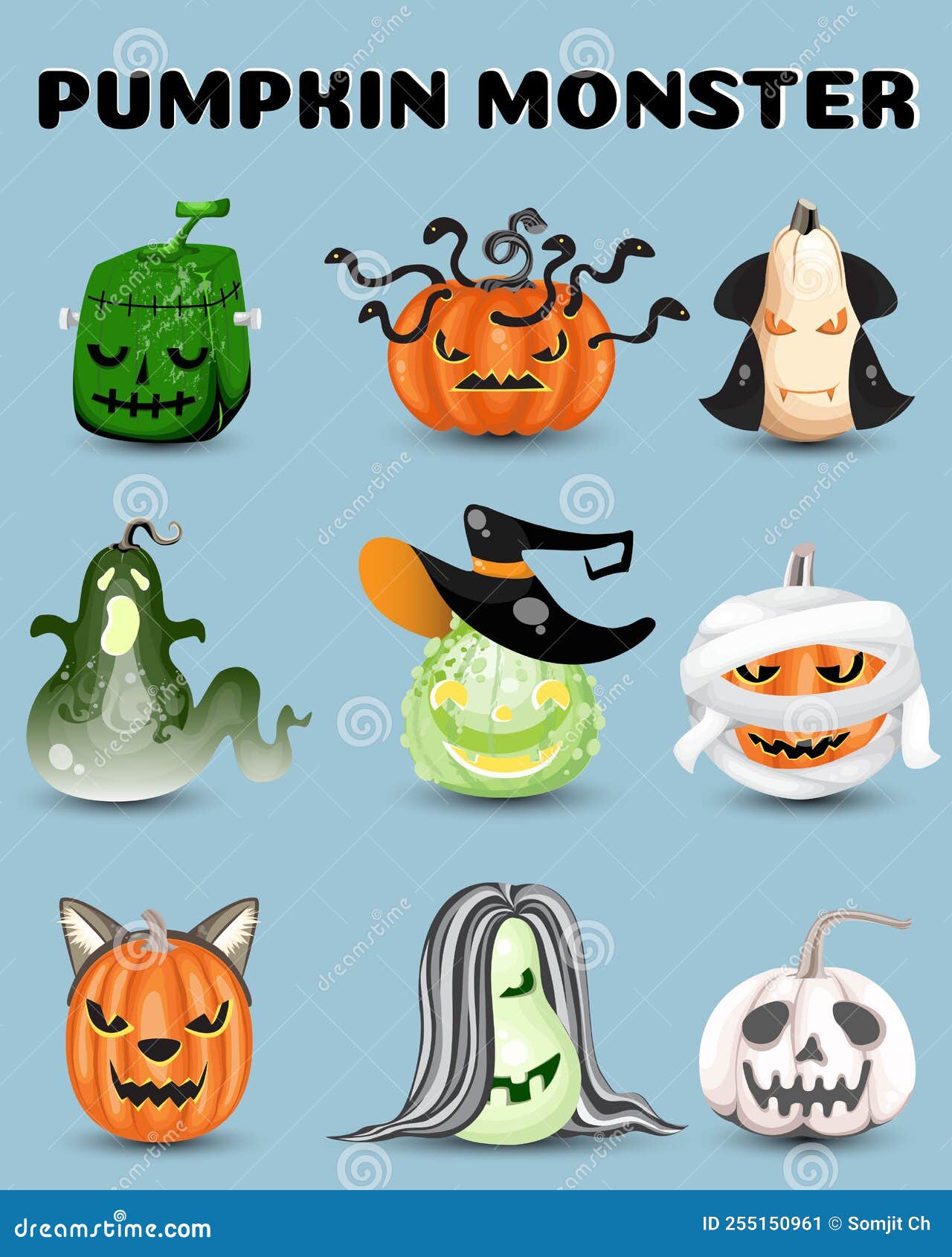 Pumpkin monsters Icon set stock vector. Illustration of decoration ...