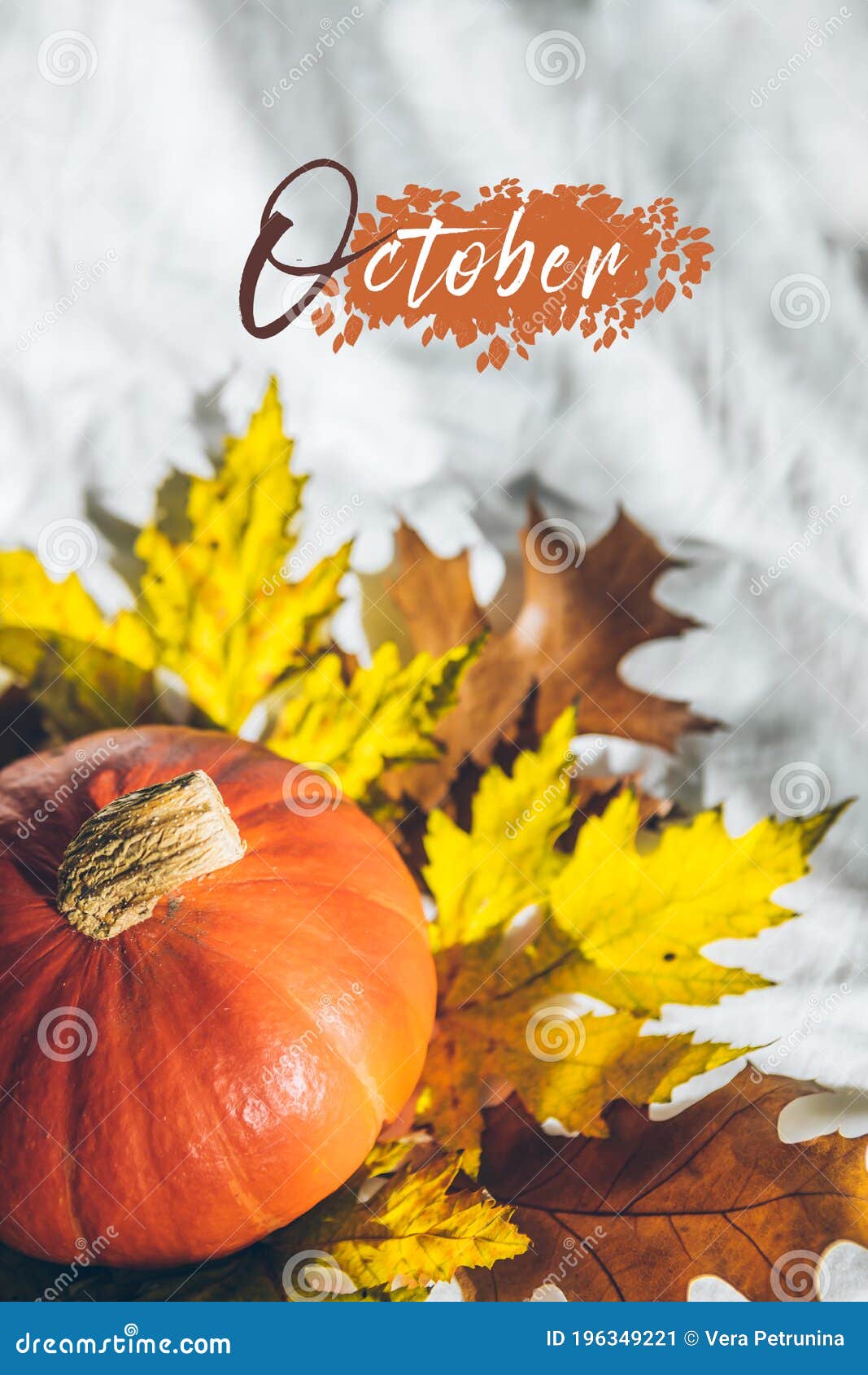 Pumpkin with Oak Leaf on White Sheets. October Text Stock Image - Image ...
