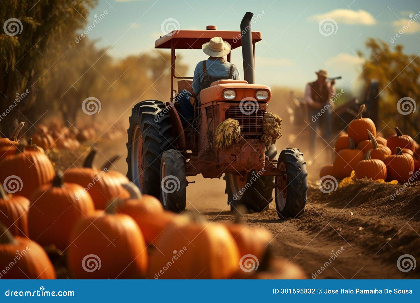 Pumpkin Patch Farmer Using a Vintage Tractor To Stock Illustration ...