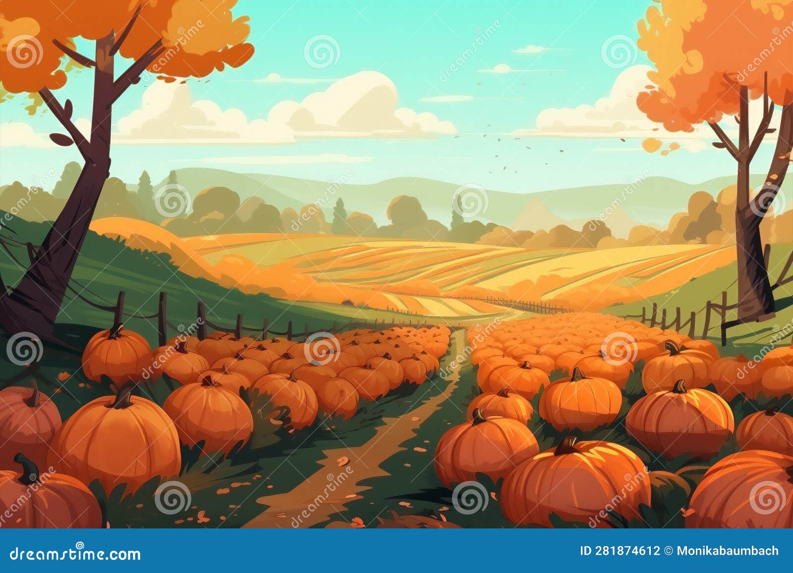 Pumpkin Patch Field Drawing Stock Photo - Image of field, scene: 281874612
