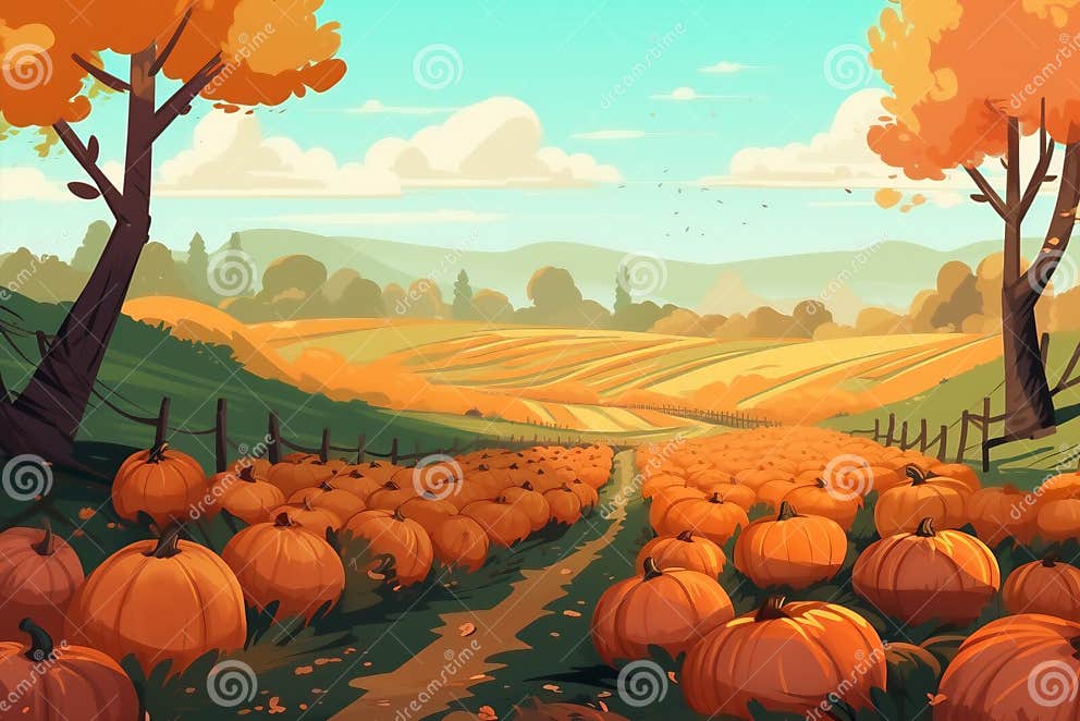 Pumpkin Patch Field Drawing Stock Photo - Image of field, scene: 281874612