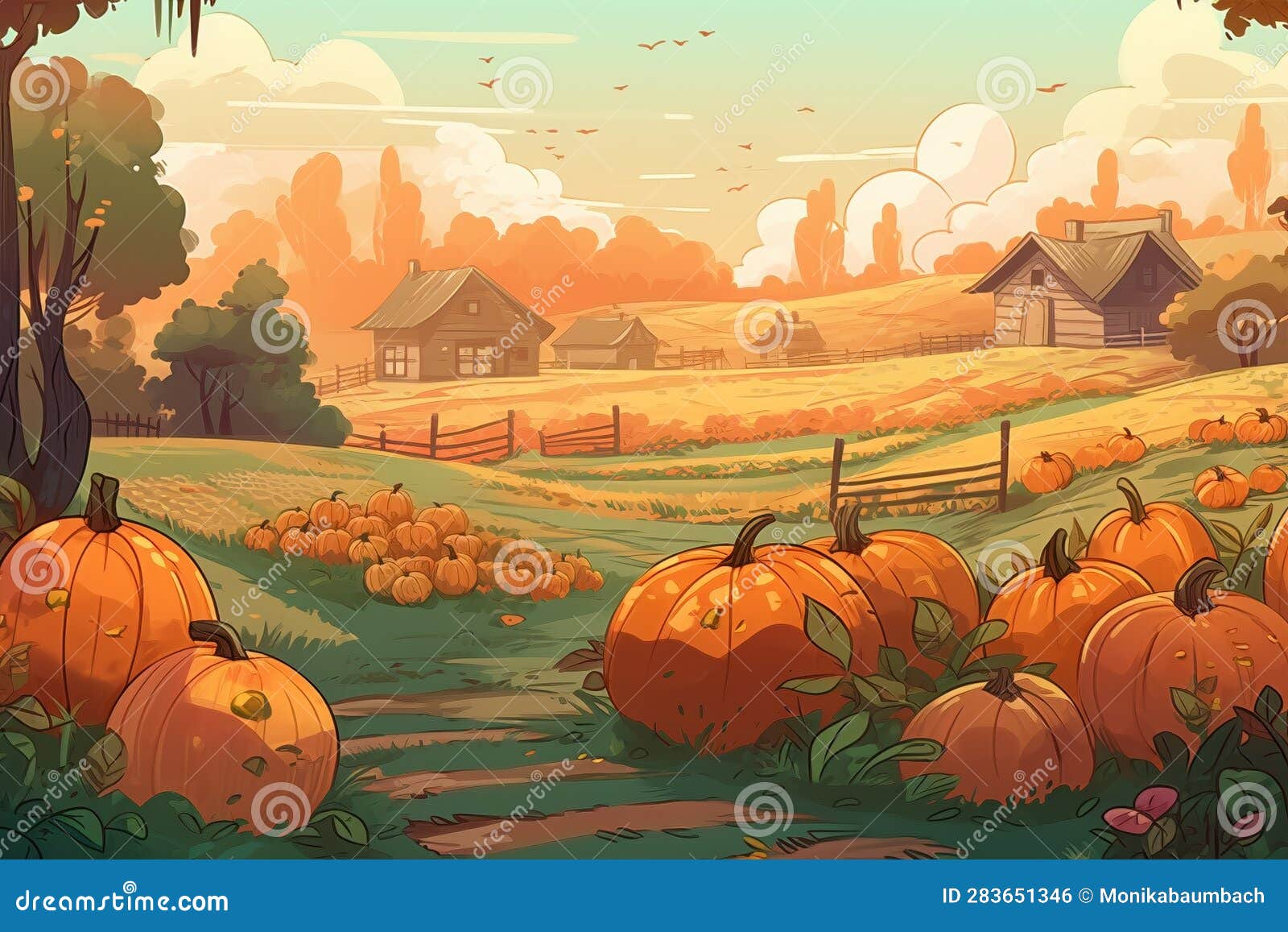 Pumpkin Patch Field Drawing Stock Illustration - Illustration of flower ...