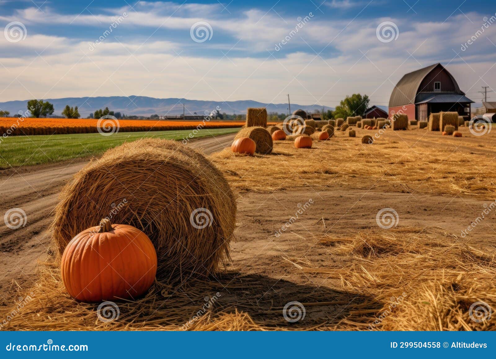 Pumpkin Patch with Hay Bales in the Background Stock Photo - Image of ...