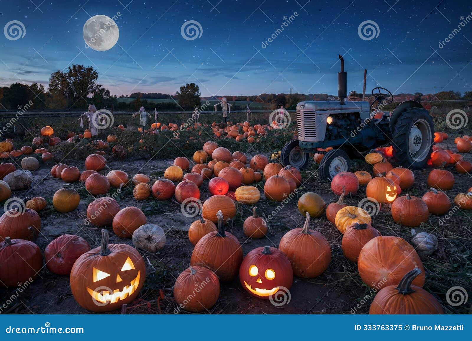 Pumpkin Patch at Night with Jack-o -lanterns and Tractor Under a Full ...