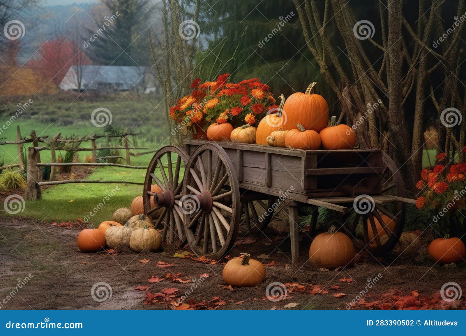 Pumpkin Patch with a Rustic Wooden Wagon and Fall Foliage Stock ...